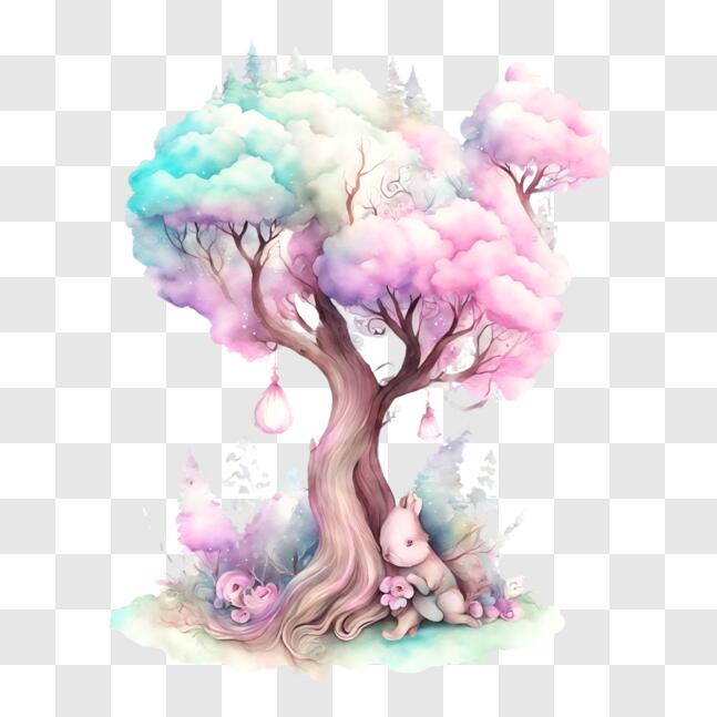 Download Colorful Tree with Adorable Bunny and Birds PNGs Online ...