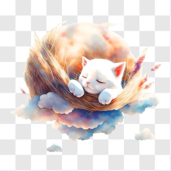 Download Sleeping Cat in a Bird's Nest with Flowers and Clouds PNGs Online - Creative Fabrica