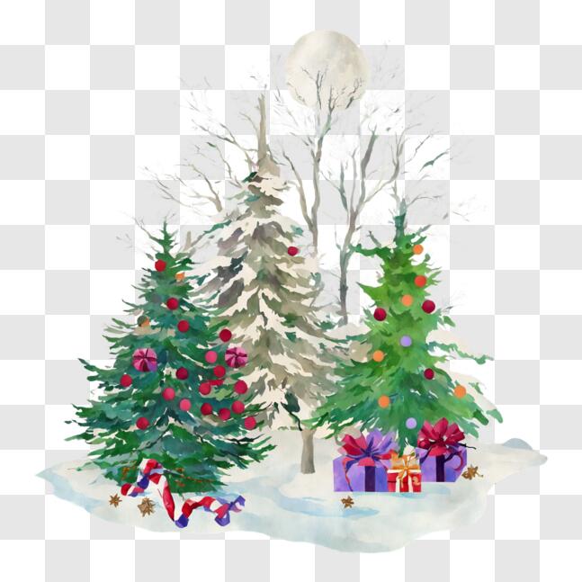 Download Christmas Trees in Snow with Presents and Decorations PNGs ...