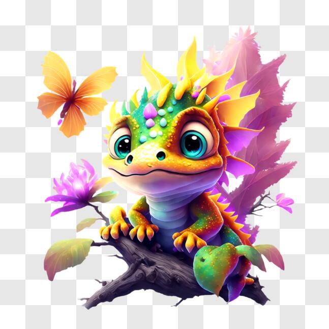 Download Colorful Cartoon Lizard Sitting on a Branch with Butterflies ...