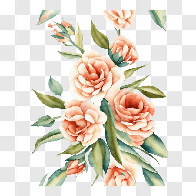 Download Watercolor Painting of Peach Roses with Green Leaves PNGs ...