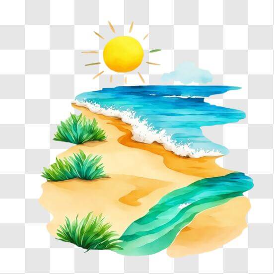 Download Watercolor Ocean Scene with Sun and Waves PNGs Online ...