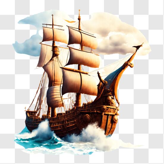 Download Wooden Ship Floating in the Ocean with Sails Visible PNGs ...
