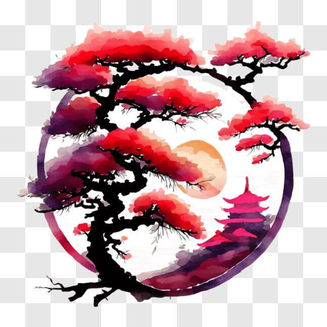 Download Japanese Tree in Abstract Circular Frame with Red and Pink ...