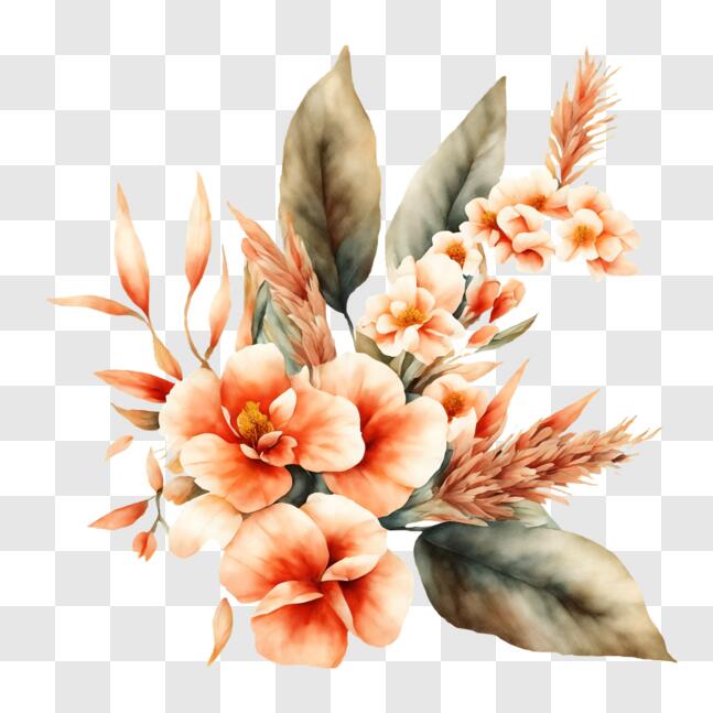 Download Bouquet of Peach and Orange Flowers with Green Leaves PNGs ...
