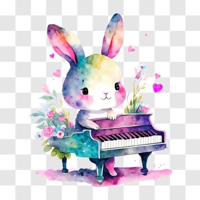 Download Cute Bunny on Piano with Flowers PNGs Online - Creative Fabrica