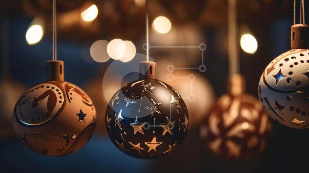 Decorative Ornaments Hanging from String Lights Background stock photo ...