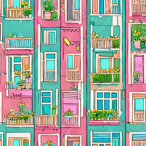 Download Colorful Building Pattern with Balconies and Potted Plants ...
