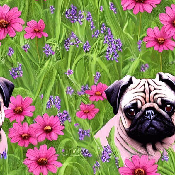 Download Two Pug Dogs in a Field with Pink Flowers and Daisies Patterns ...