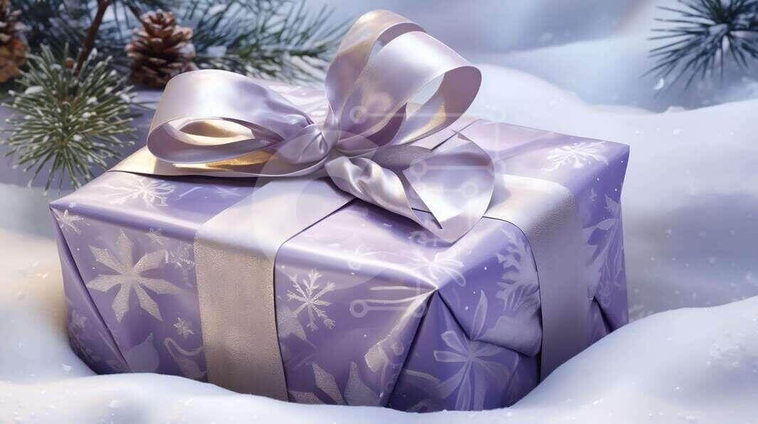 Winter Gift - Purple Present in the Snow stock photo | Creative Fabrica