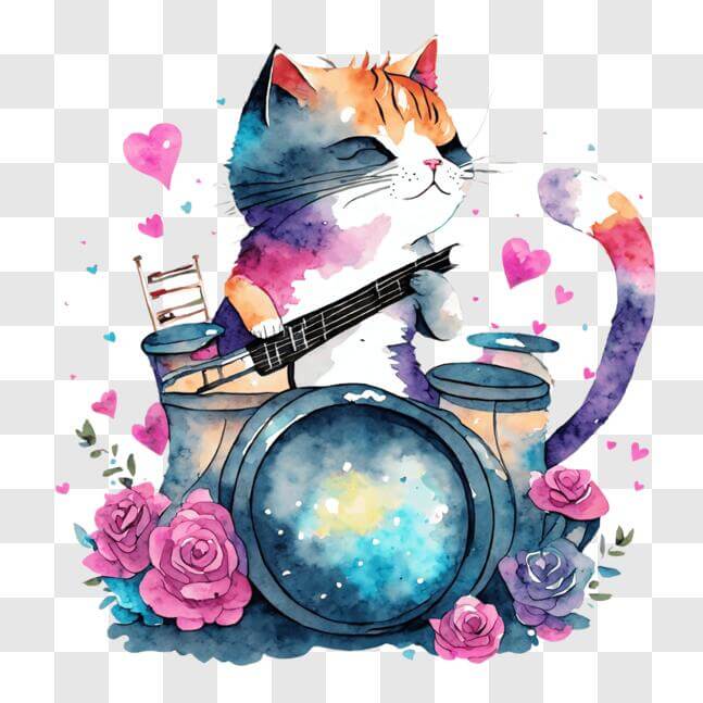 Download Cat Playing Drums with Musical Instruments and Roses PNGs ...