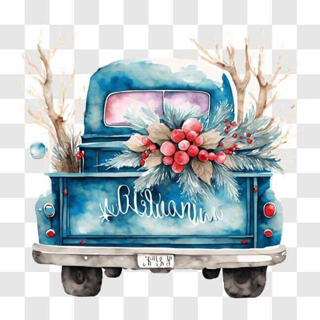 Download Holiday Decorated Blue Pickup Truck Watercolor Painting PNGs ...