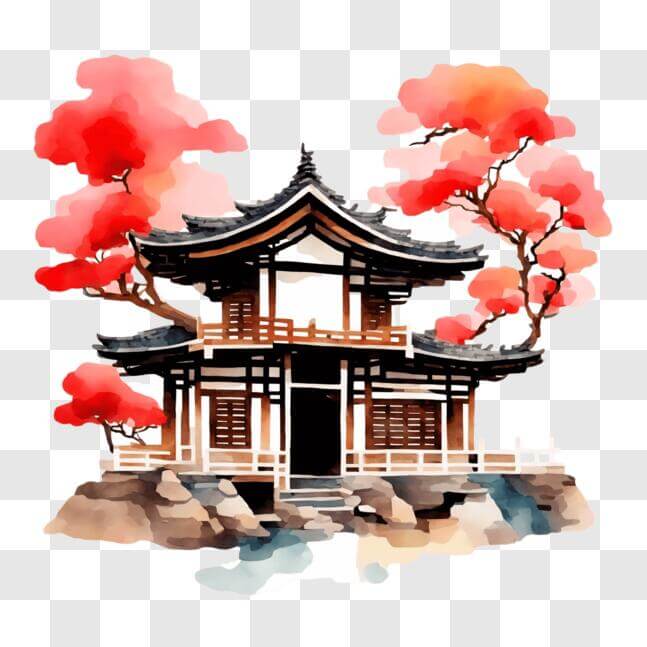 Download Traditional Japanese-style House with Red Trees PNGs Online ...
