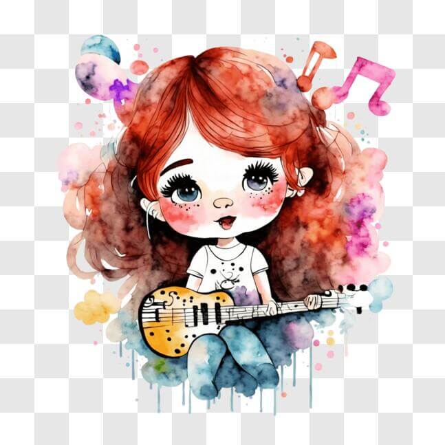 Download Cute Girl Playing Electric Guitar in Watercolor Style PNGs ...
