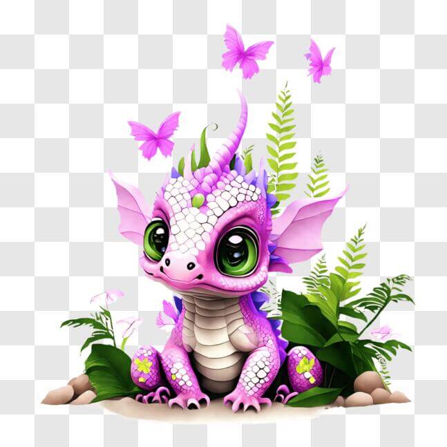 Download Small Pink Dragon in the Grass with Butterflies and Flowers ...