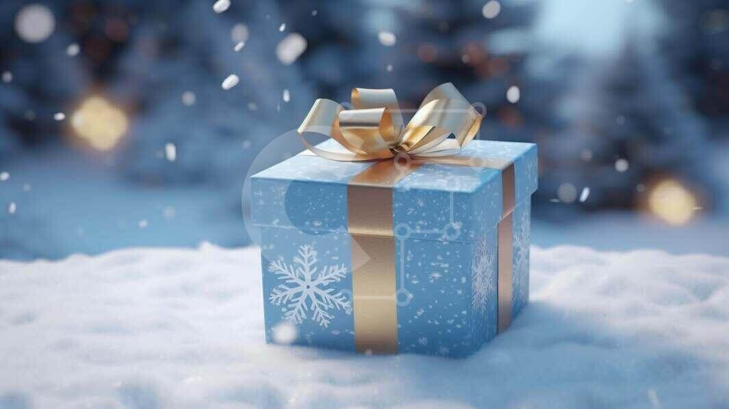 Blue Gift Box in Snow with Gold Ribbons and Snowflakes stock photo ...