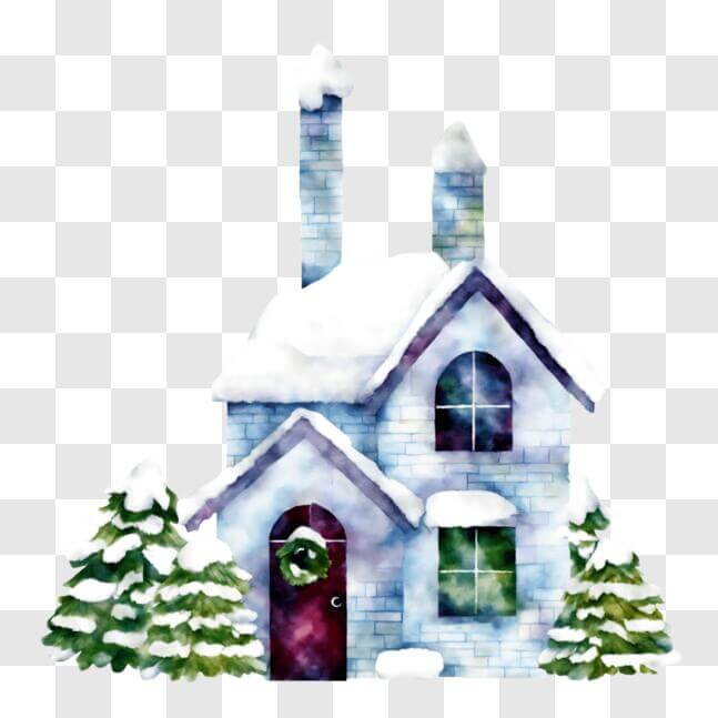 Download Watercolor Christmas House with Snow and Trees PNGs Online ...