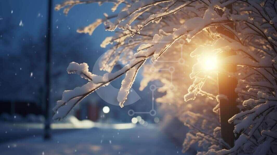 Winter Scene: Snow-covered Tree Branch and Illuminated Street Light ...