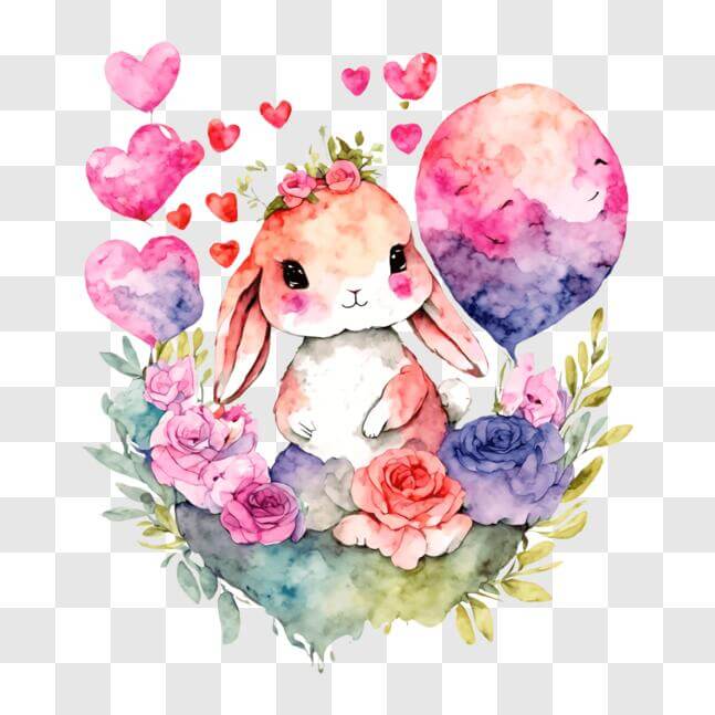 Download Cute Bunny Watercolor Illustration with Balloons, Flowers, and ...