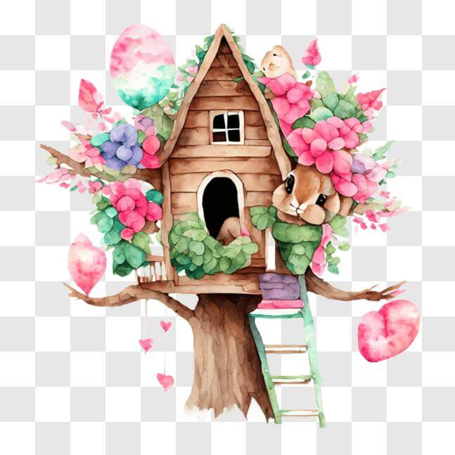 Download Colorful Treehouse with Flowers, Balloons, and Bunnies PNGs ...