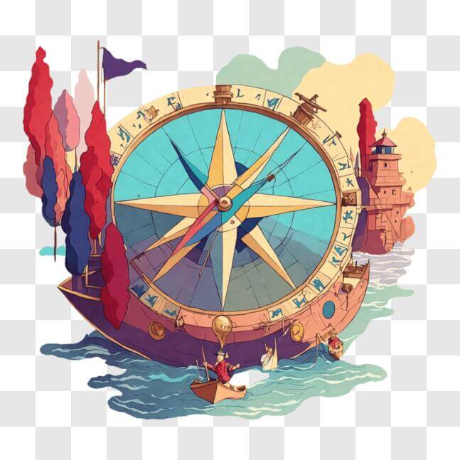 Download Compass Wheel Illustration on Water with Boats PNGs Online ...