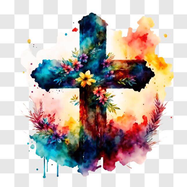 Download Religious Artwork - Colorful Cross with Flowers and Splatters ...
