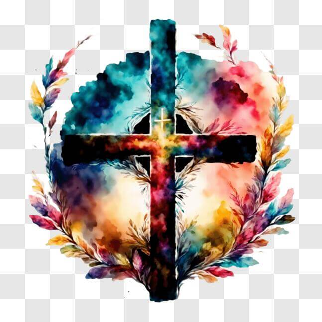 Download Colorful Cross with Leaves Symbolizing Faith and Beliefs PNGs ...