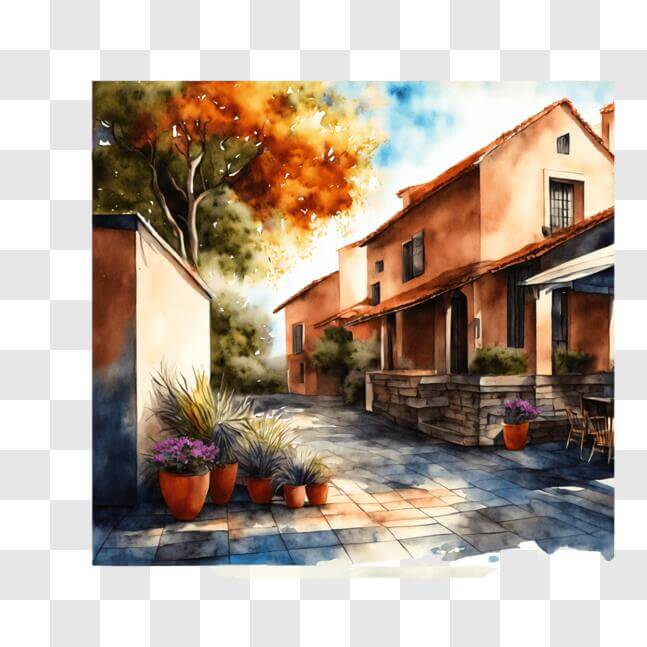Download Outdoor Patio with Potted Plants and Flowers - Watercolor ...
