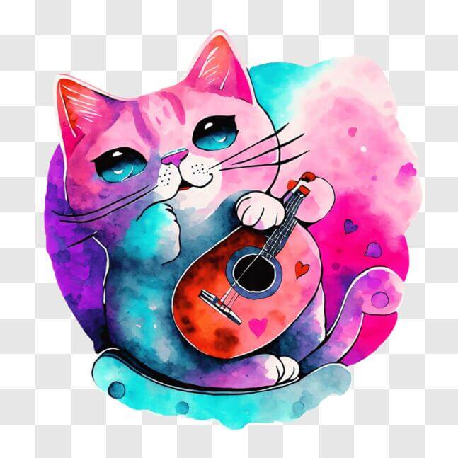 Download Pink Cat Playing Electric Guitar on Colorful Watercolors PNGs ...