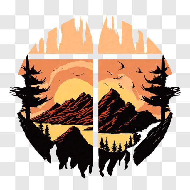 Download Nature Art Piece - Circular Window with Mountains, Trees, and ...