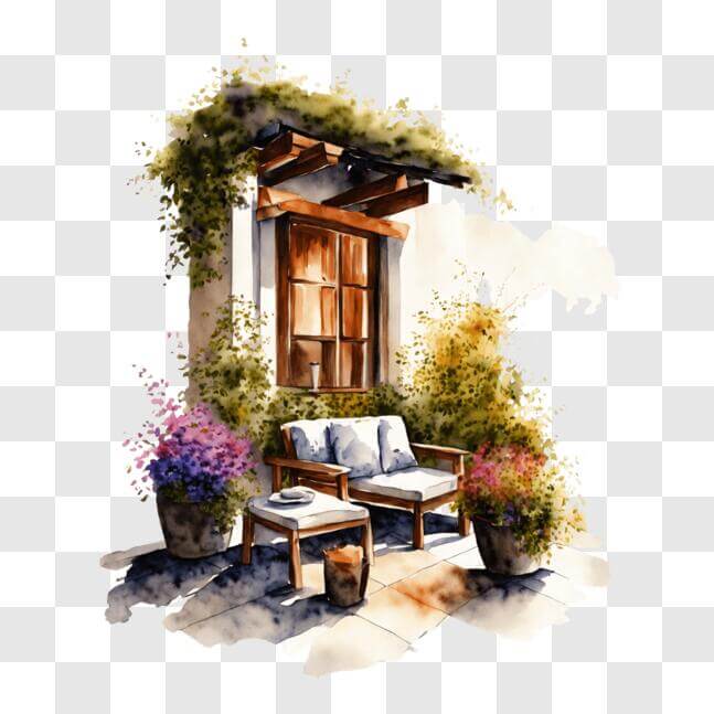 Download Watercolor Painting of Outdoor Patio with Potted Plants PNGs ...
