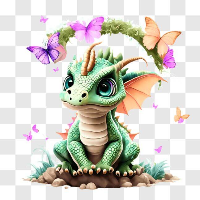 Download Small Green Dragon with Butterflies PNGs Online - Creative Fabrica