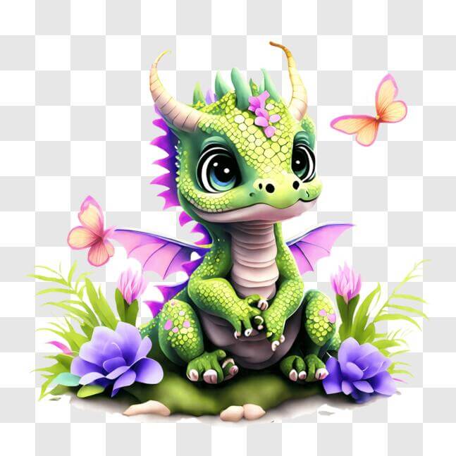 Download Small Green Dragon in Grass with Purple Flowers and ...