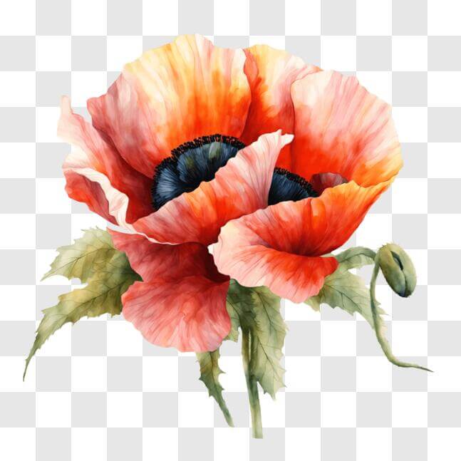 Download Watercolor Painting of Orange Poppy Flower with Green Leaves ...
