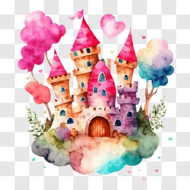 Descarga Castillo de acuarela rodeado de árboles y flores PNGs En Línea ...