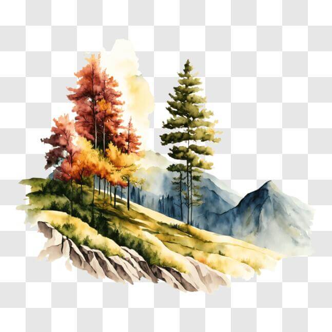 Download Watercolor painting of two trees in the mountains during ...