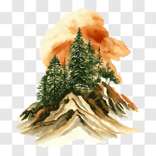 Download Watercolor Painting of Orange Mountain with Pine Trees PNGs ...