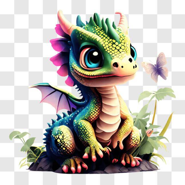 Download Colorful Cartoon Dragon Sitting on Plants and Flowers PNGs ...