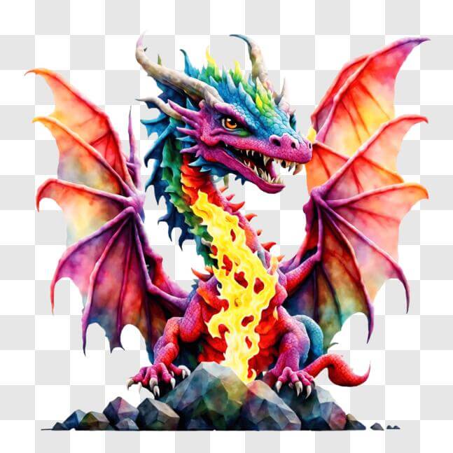 Download Colorful Dragon on Rocks with Fire PNGs Online - Creative Fabrica