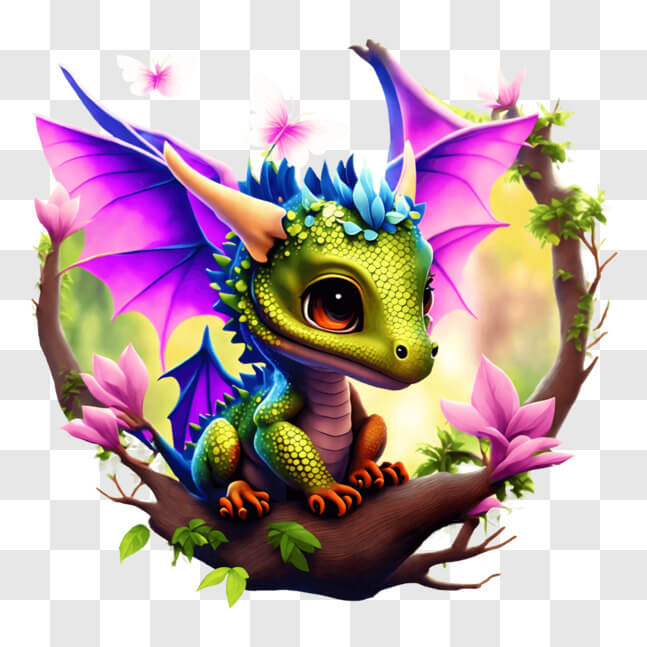 Download Small Colorful Dragon on Oak Tree Branch with Flowers PNGs ...