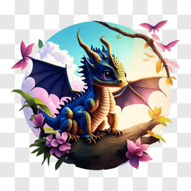 Download Blue Dragon on Oak Tree Branch with Pink Flowers and ...