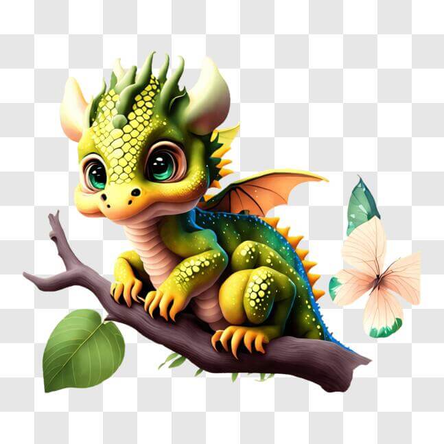 Download Small Dragon on Oak Tree Branch with Butterflies PNGs Online ...