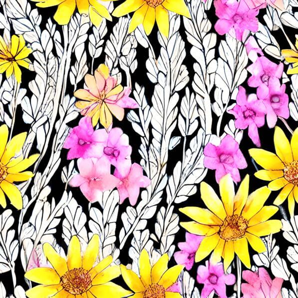 Download Seamless pattern of yellow and pink flowers on a black ...