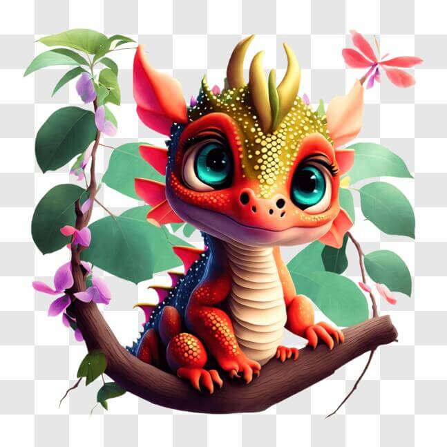 Download Colorful Dragon on Oak Tree Branch PNGs Online - Creative Fabrica