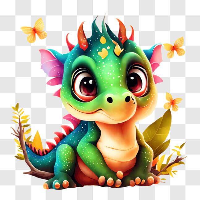 Download Colorful Cartoon Dragon Sitting in Leaves and Butterflies PNGs ...