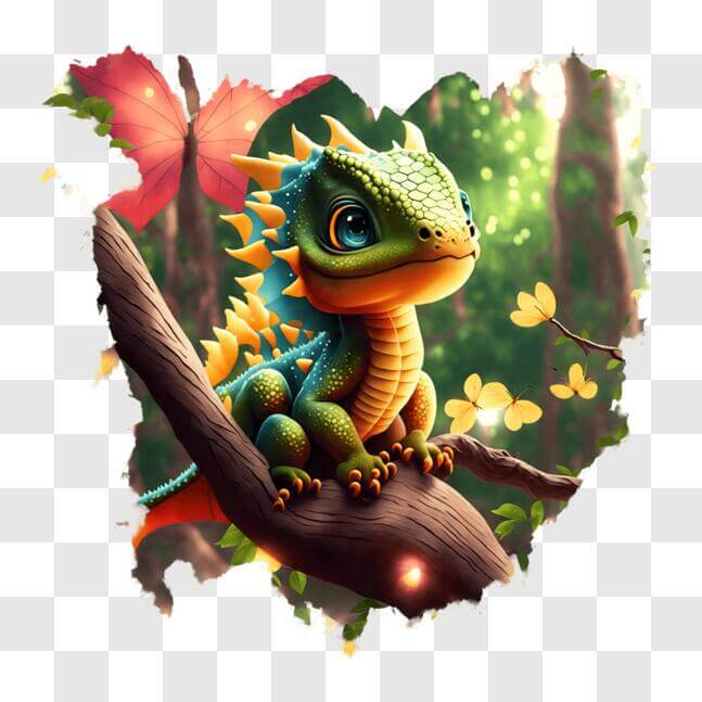 Download Colorful Cartoon Dragon on Tree Branch with Butterflies PNGs ...