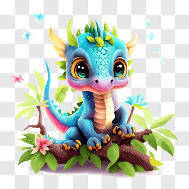 Download Small Blue Dragon on Branch with Flowers and Butterflies PNGs ...