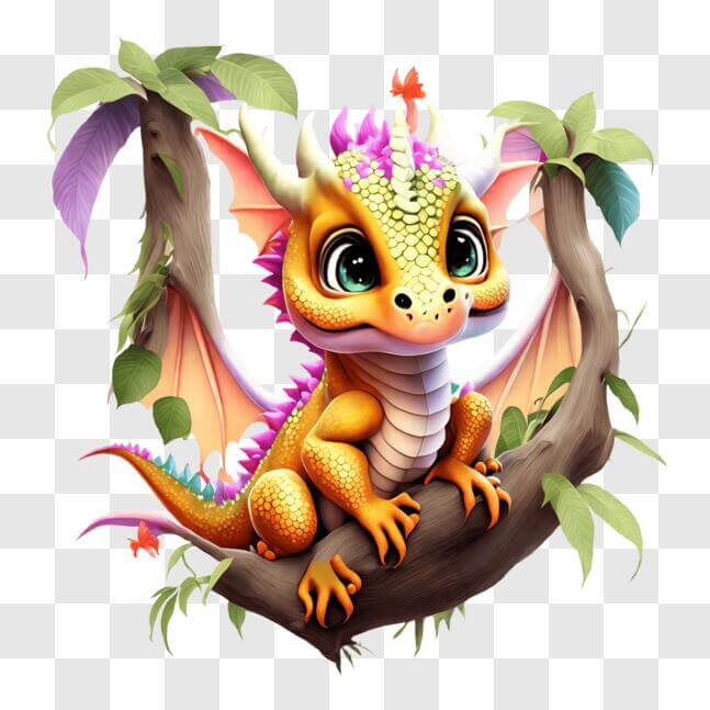 Download Cartoon Dragon Sitting on Oak Tree Branch PNGs Online ...