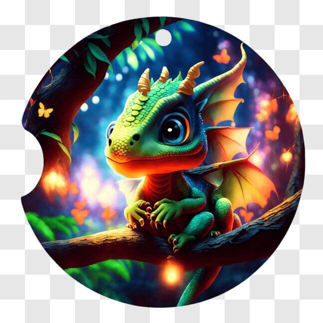 Download Green Dragon on Oak Tree Branch PNGs Online - Creative Fabrica