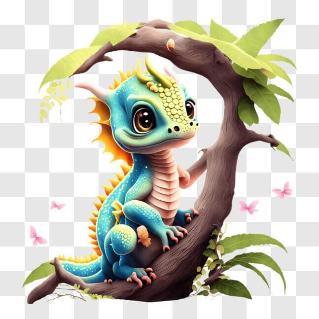 Download Small Blue Dragon in Tree Branch with Butterflies and Flowers ...